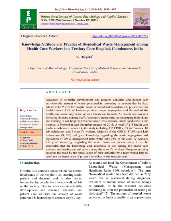 (PDF) Knowledge, awareness, attitude, and practice regarding biomedical waste management among ...