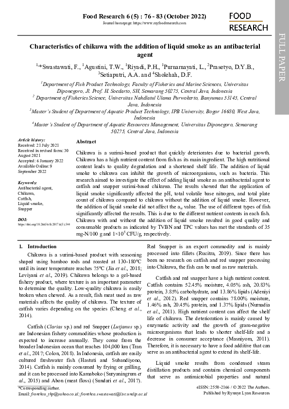 (PDF) Characteristics of chikuwa with the addition of liquid smoke as ...