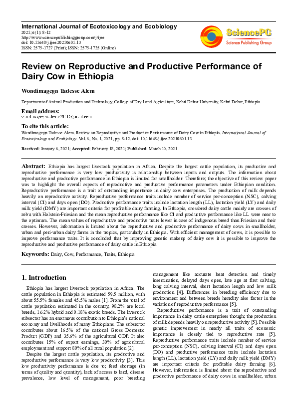 (PDF) Review on Reproductive and Productive Performance of Dairy Cow in Ethiopia
