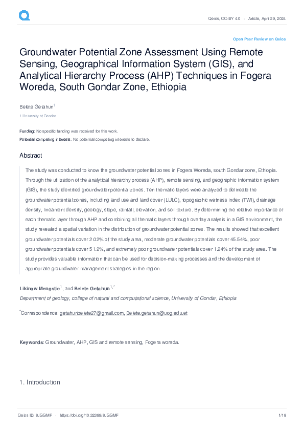 Pdf Groundwater Potential Zone Assessment Using Remote Sensing Geographical Information