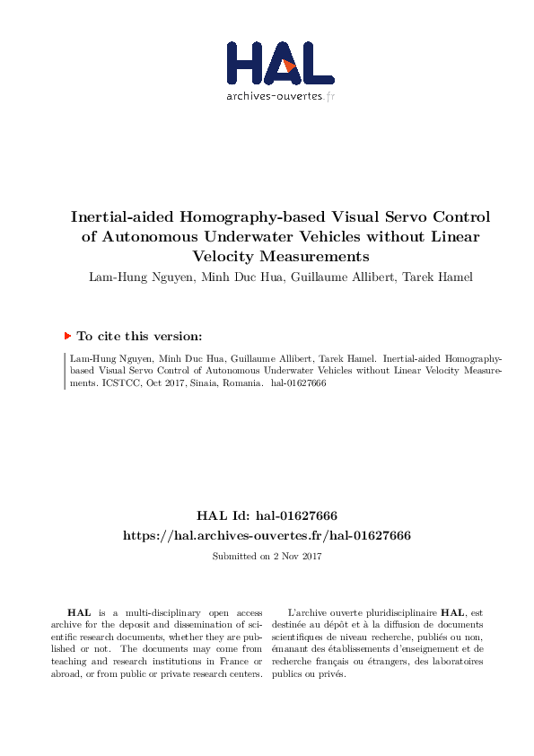 (PDF) Inertial-aided Homography-based Visual Servo Control of Autonomous Underwater Vehicles ...