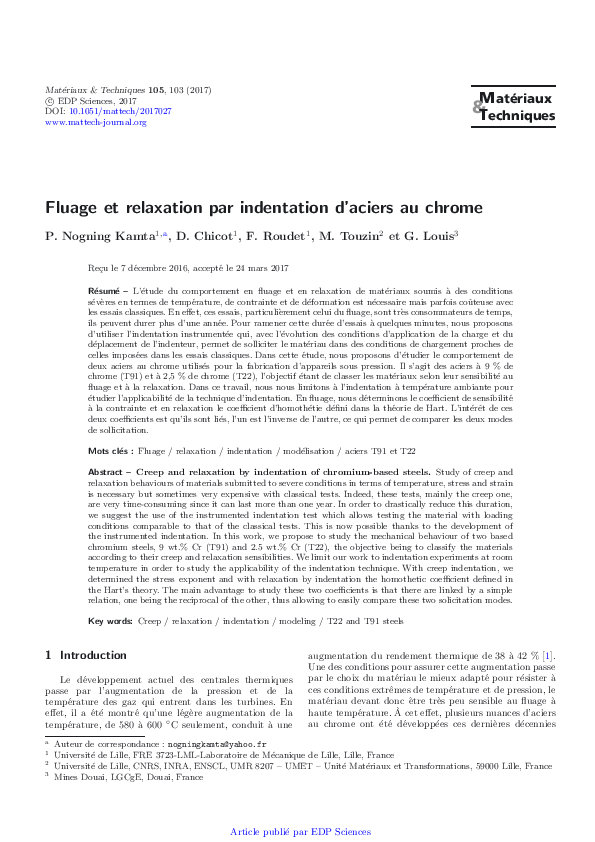 (PDF) Fluage et relaxation par indentation d’aciers au chrome