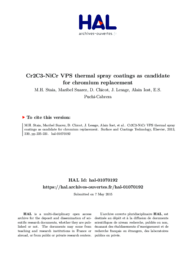 (PDF) Cr2C3-NiCr VPS thermal spray coatings as candidate for chromium ...