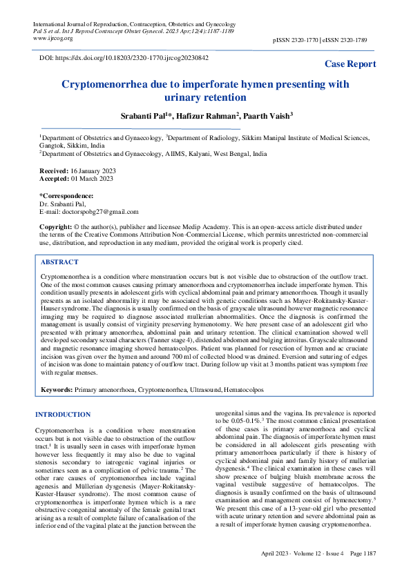 (PDF) Cryptomenorrhea due to imperforate hymen presenting with urinary ...