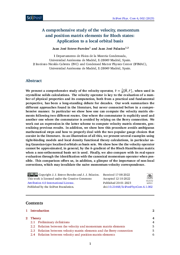 (PDF) A comprehensive study of the velocity, momentum and position matrix elements for Bloch ...