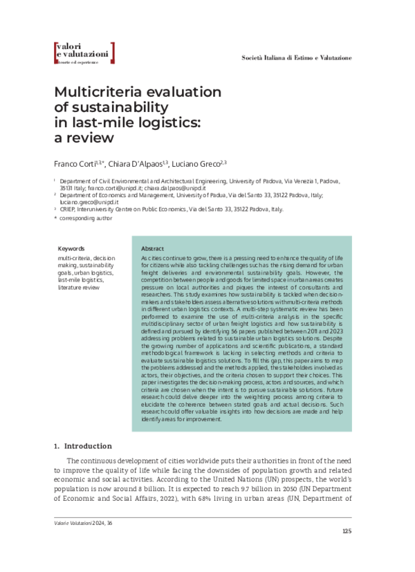 (PDF) Multicriteria evaluation of sustainability in last-mile logistics: a review