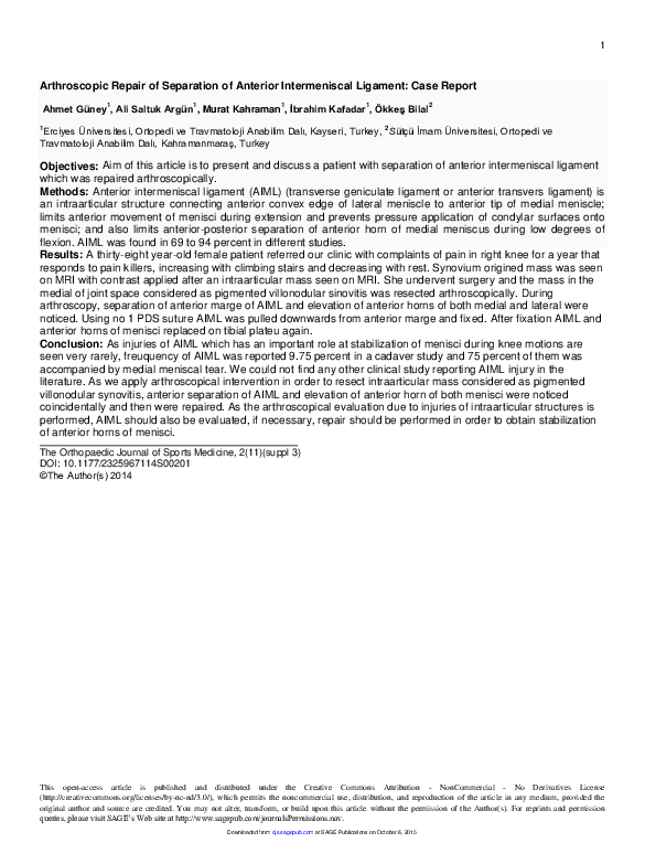 (PDF) Arthroscopic Repair of Separation of Anterior Intermeniscal Ligament