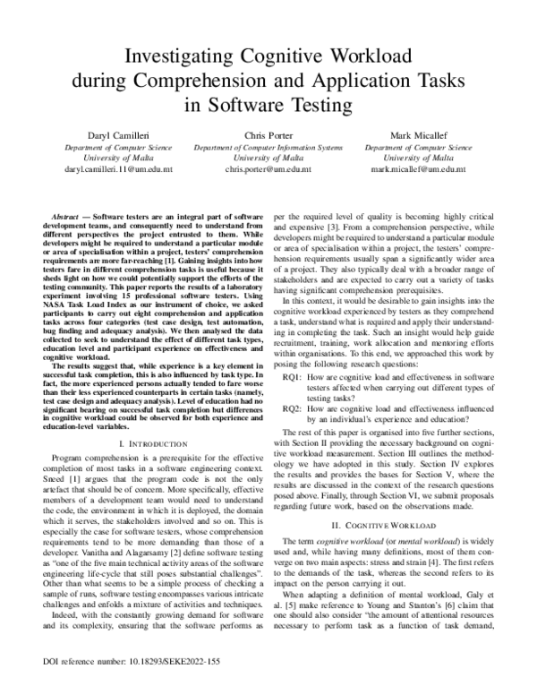 (PDF) Investigating Cognitive Workload during Comprehension and Application Tasks in Software ...