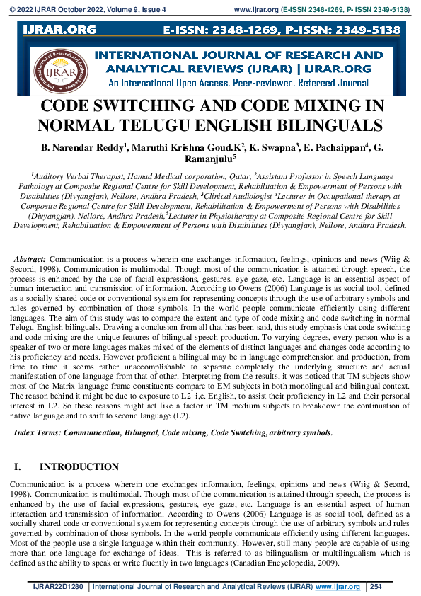 (PDF) CODE SWITCHING AND CODE MIXING IN NORMAL TELUGU ENGLISH BILINGUALS