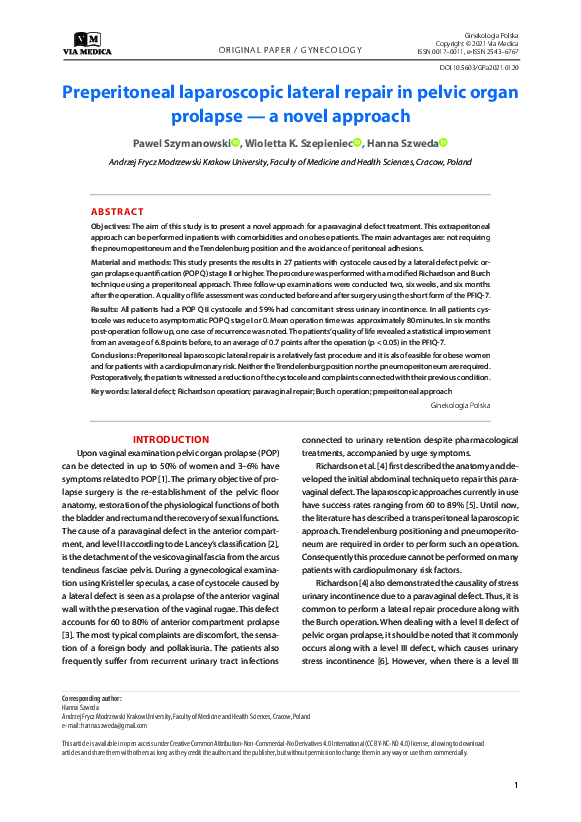 (PDF) Preperitoneal laparoscopic lateral repair in pelvic organ ...