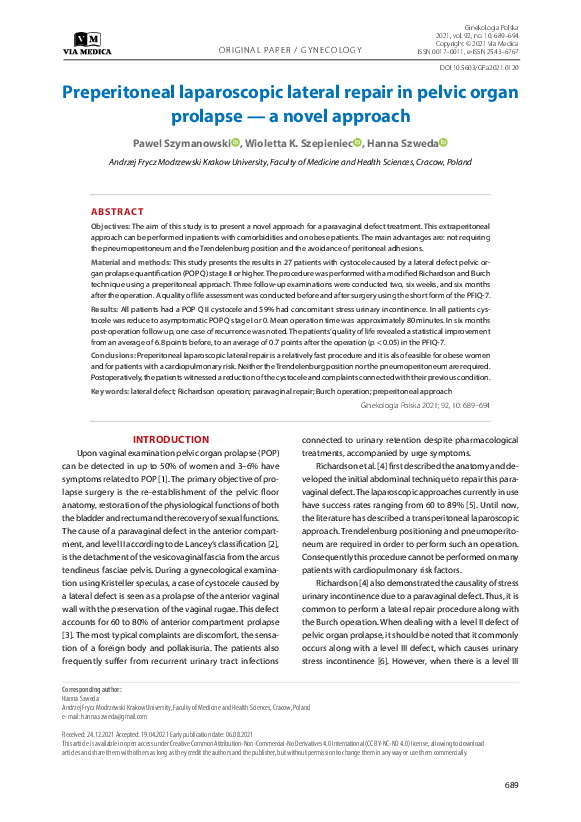 (PDF) Preperitoneal laparoscopic lateral repair in pelvic organ ...