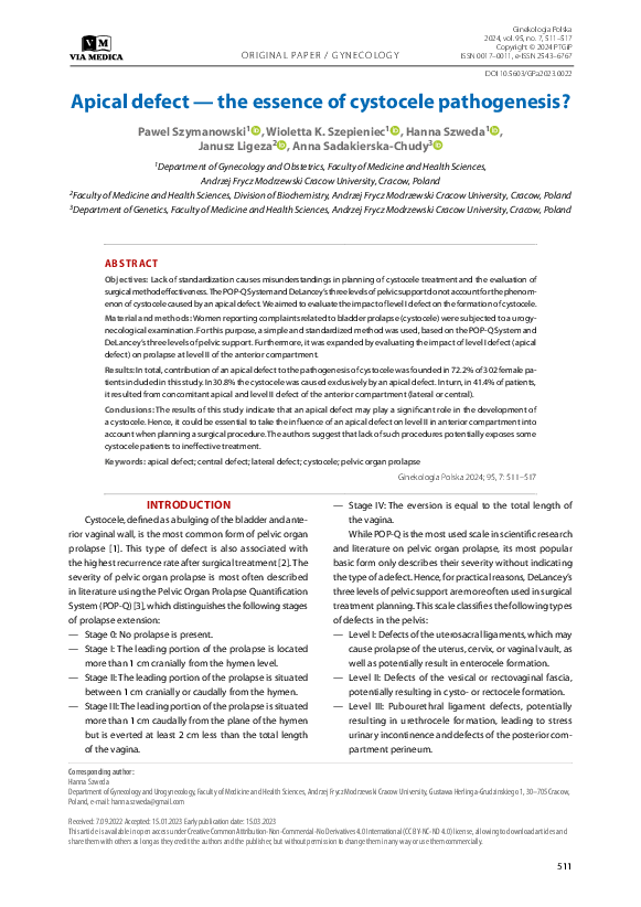 (PDF) Apical defect — the essence of cystocele pathogenesis?
