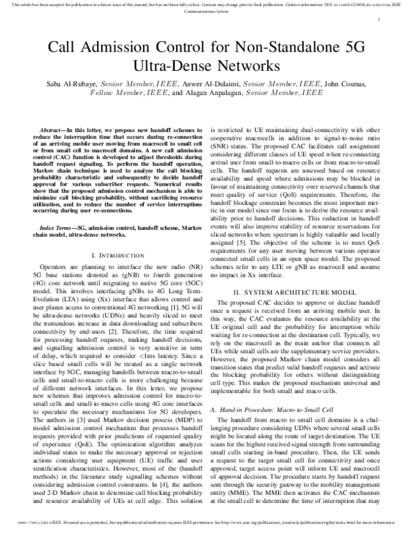 (PDF) Call Admission Control for Non-Standalone 5G Ultra-Dense Networks