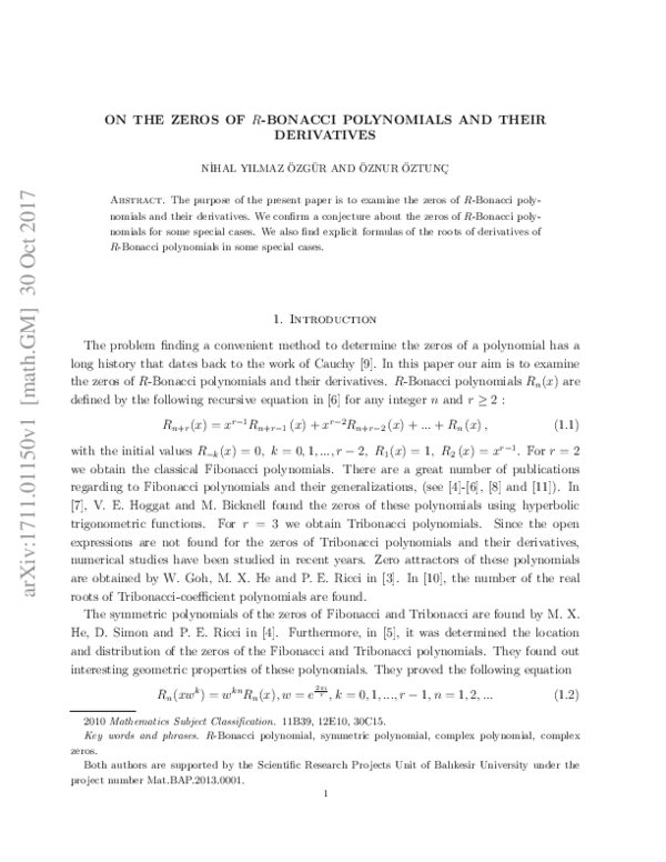 (PDF) On the zeros of R-Bonacci polynomials and their derivatives