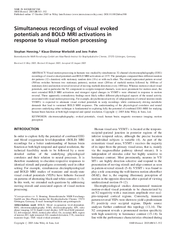 (PDF) Simultaneous recordings of visual evoked potentials and BOLD MRI activations in response ...