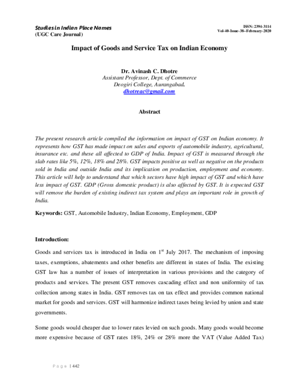 (PDF) Impact of Goods and Service Tax on Indian Economy