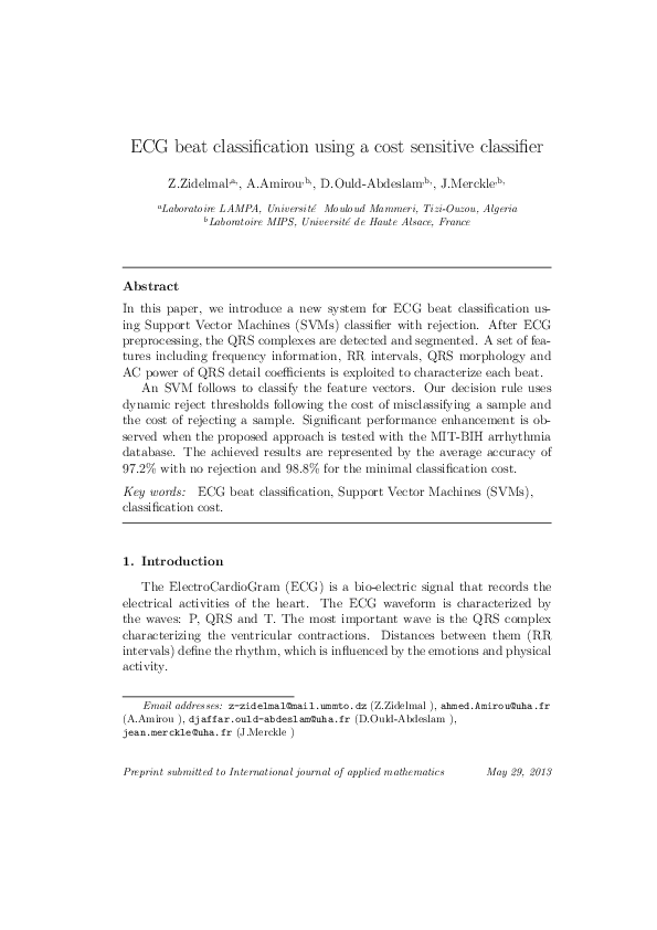 (PDF) ECG beat classification using a cost sensitive classifier