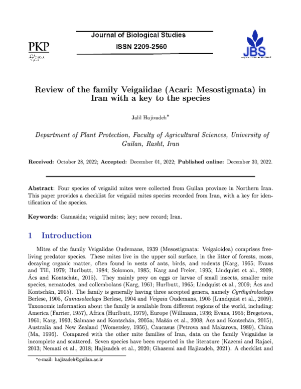 (PDF) Review of the family Veigaiidae (Acari: Mesostigmata) in Iran ...