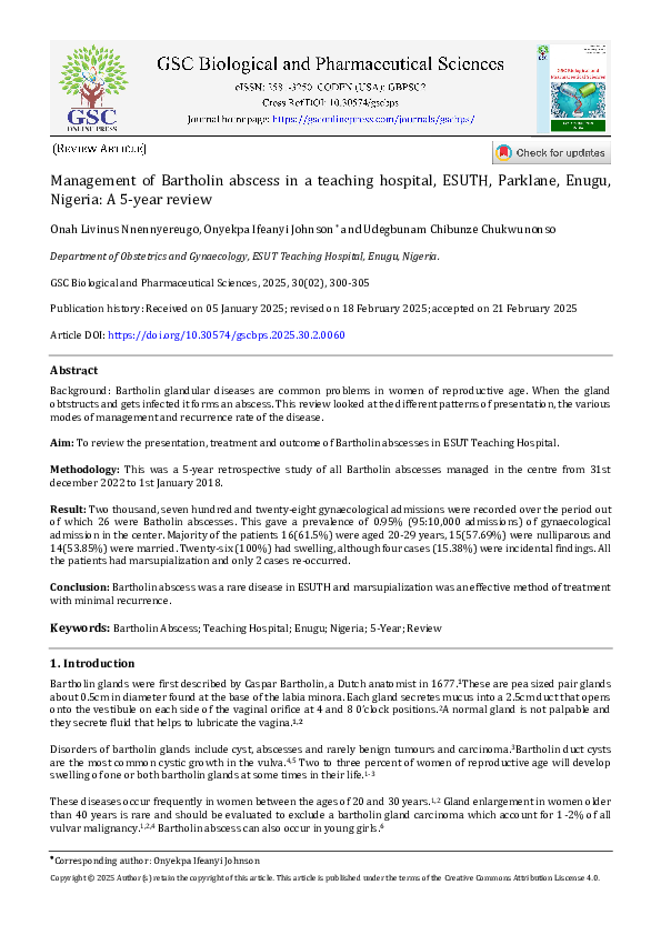 (PDF) Management of Bartholin abscess in a teaching hospital, ESUTH ...