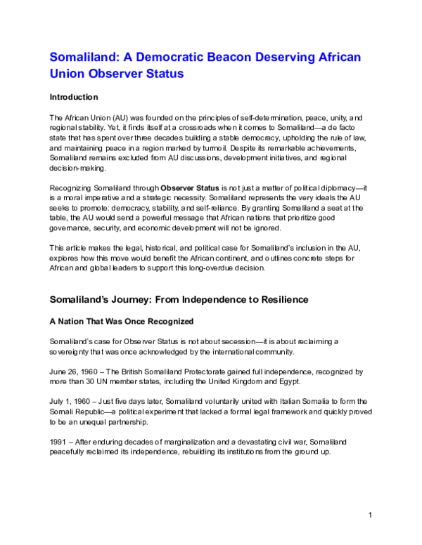 (PDF) Somaliland: A Democratic Beacon Deserving African Union Observer Status