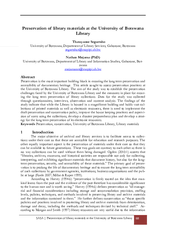 (PDF) Preservation of library materials at the University of Botswana ...