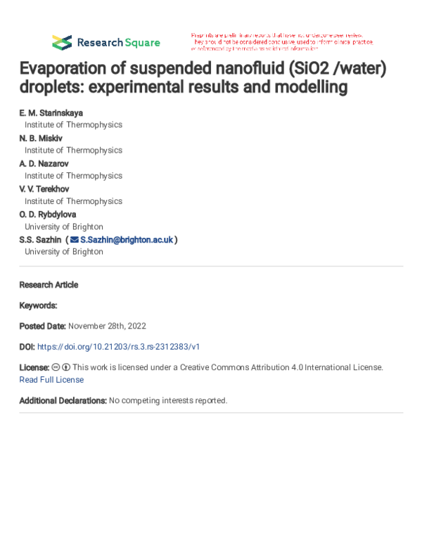 Evaporation of Suspended Nanofluid (Sio2/Water) Droplets: Experimental ...