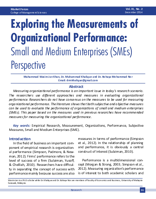 Exploring the Measurements of Organizational Performance: Small and Medium Enterprises (SMEs ...