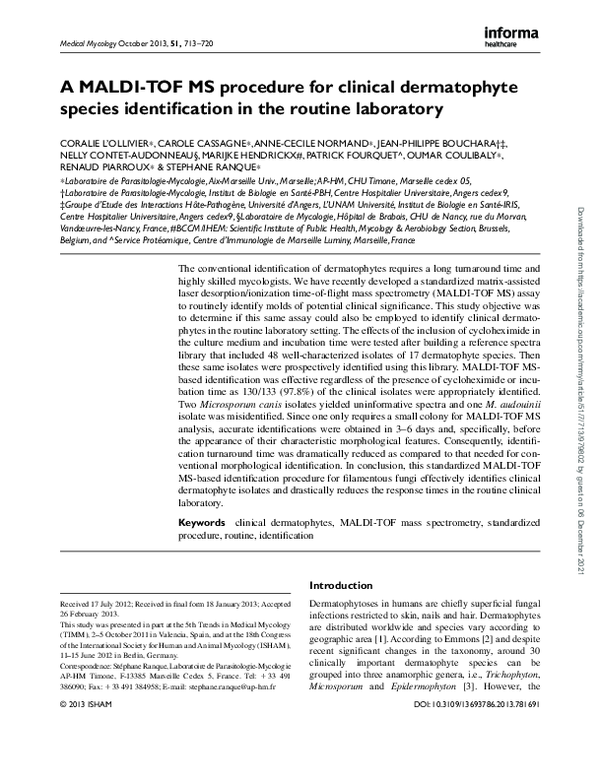 (PDF) A MALDI-TOF MS procedure for clinical dermatophyte species ...
