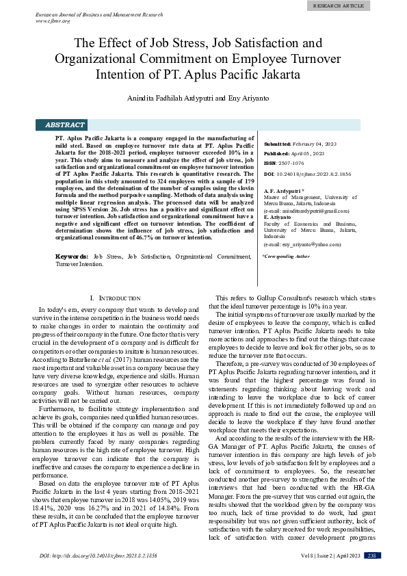 (PDF) The Effect of Job Stress, Job Satisfaction and Organizational Commitment on Employee ...
