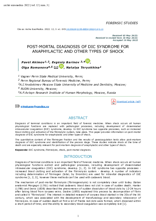 (PDF) Post-Mortal Diagnosis of Dic Syndrome for Anaphylactic and Other ...