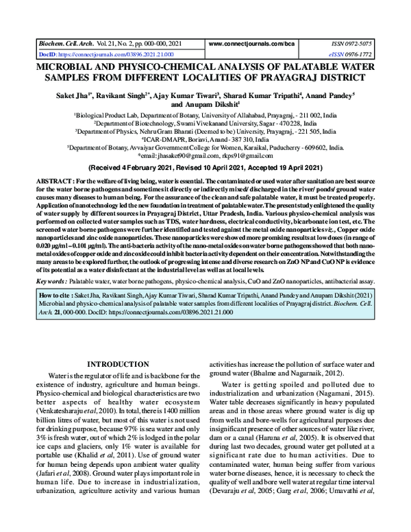 (PDF) MICROBIAL AND PHYSICO-CHEMICAL ANALYSIS OF PALATABLE WATER ...