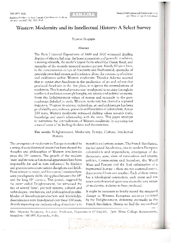 (PDF) Western Modernity and It’s Intellectual History: A Select Survey