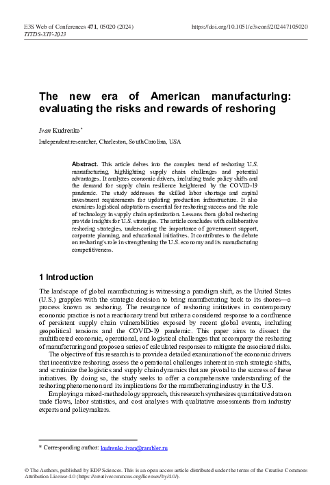(PDF) The new era of American manufacturing: evaluating the risks and ...