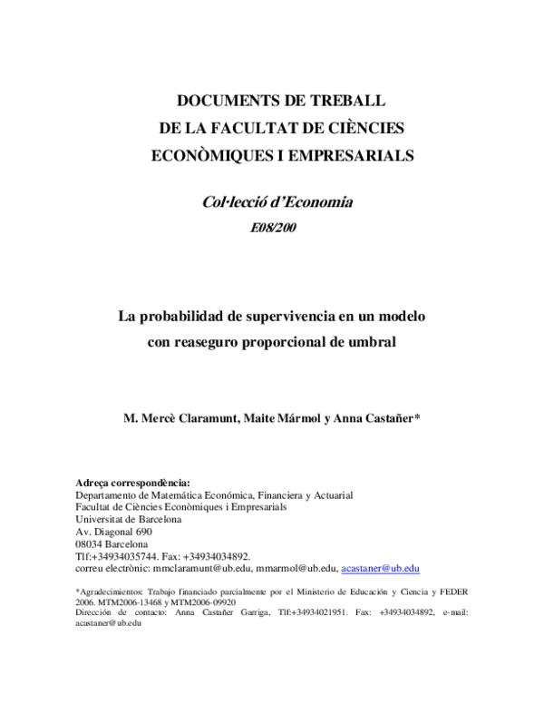 (PDF) La probabilidad de supervivencia en un modelo con reaseguro proporcional de umbral