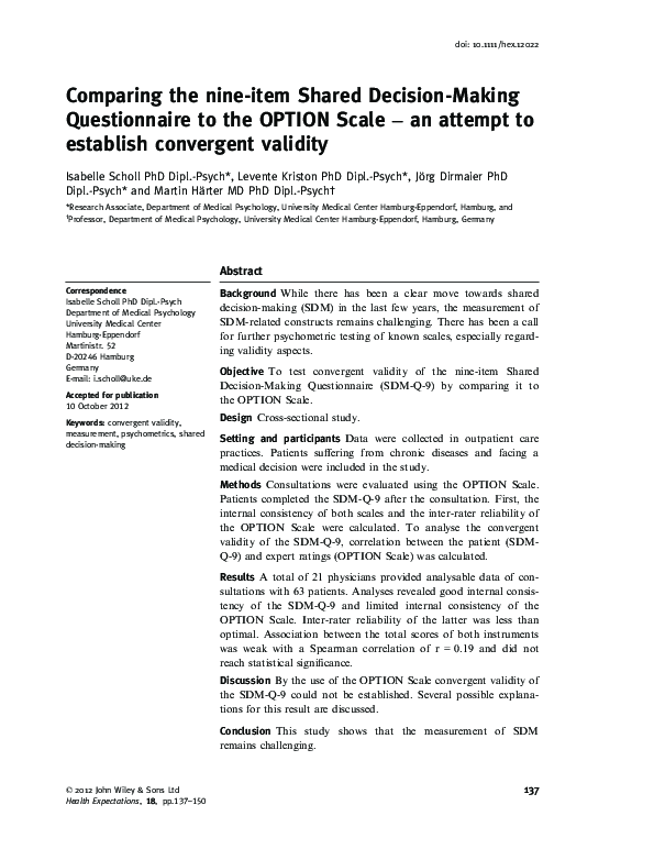 (PDF) Comparing the nine-item Shared Decision-Making Questionnaire to ...