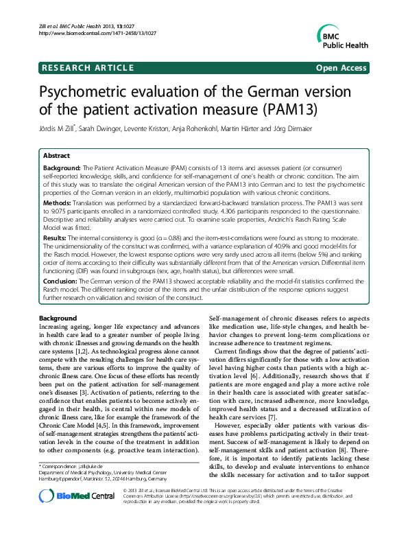 (PDF) Psychometric evaluation of the German version of the patient activation measure (PAM13)