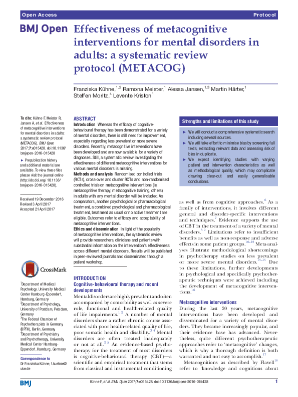 (PDF) Effectiveness of metacognitive interventions for mental disorders in adults: a systematic ...
