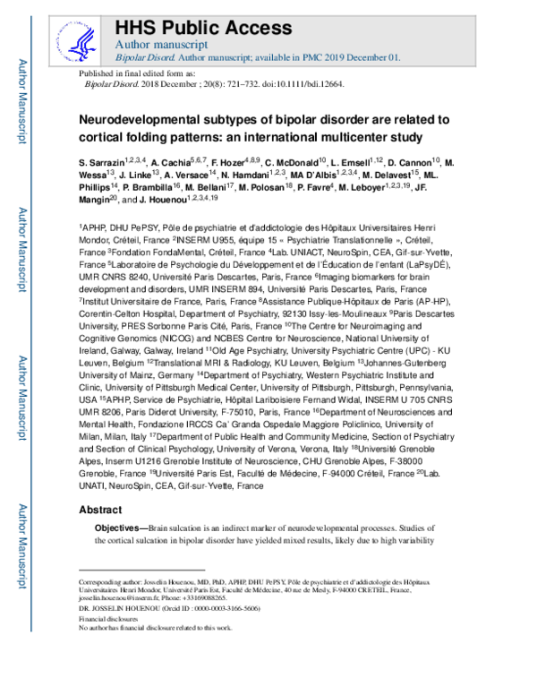 (PDF) Neurodevelopmental subtypes of bipolar disorder are related to cortical folding patterns ...