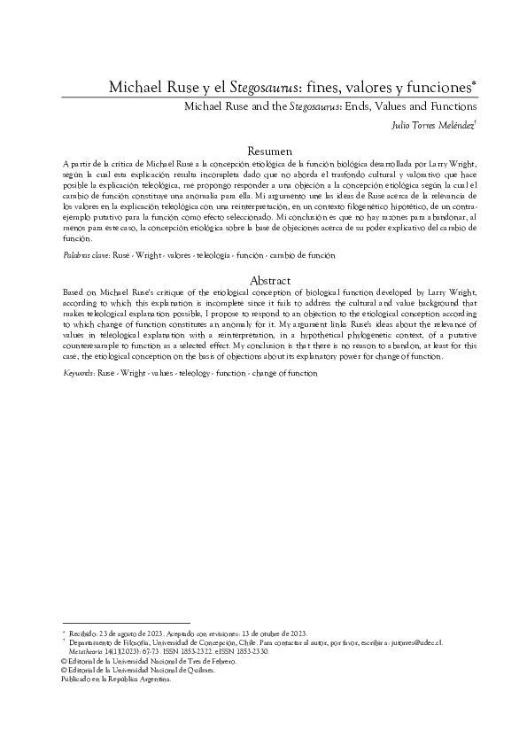 (PDF) Michael Ruse y el Stegosaurus: fines, valores y funciones