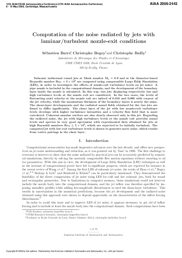 (PDF) Computation of the Noise Radiated by Jets with Laminar/Turbulent Nozzle-Exit Conditions