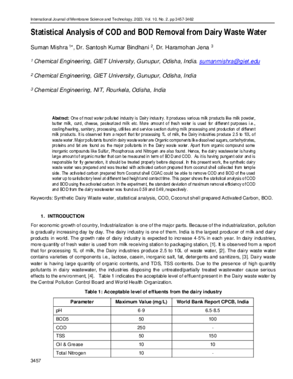 (PDF) Statistical Analysis of COD and BOD Removal from Dairy Waste Water