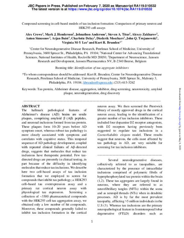 Compound screening in cell-based models of tau inclusion formation ...