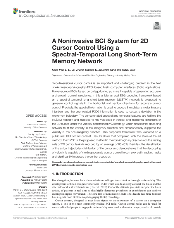 A Noninvasive BCI System for 2D Cursor Control Using a Spectral ...