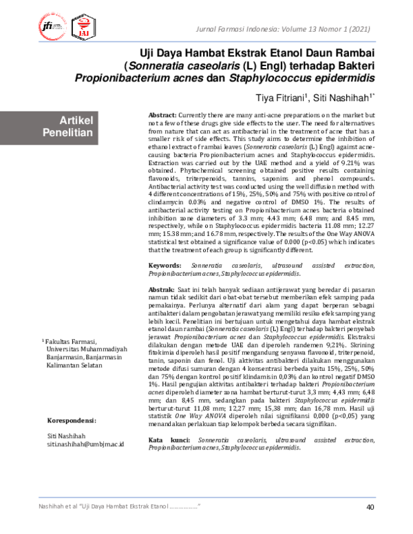 (PDF) UJI DAYA HAMBAT EKSTRAK ETANOL DAUN RAMBAI (Sonneratia Caseolaris (L) Engl) TERHADAP ...