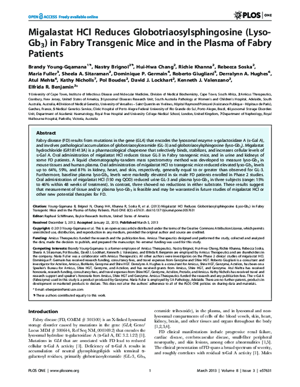 (PDF) Migalastat HCl Reduces Globotriaosylsphingosine (Lyso-Gb3) in ...