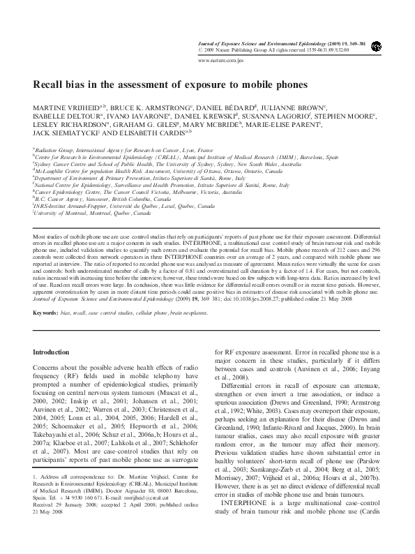 (PDF) Recall bias in the assessment of exposure to mobile phones