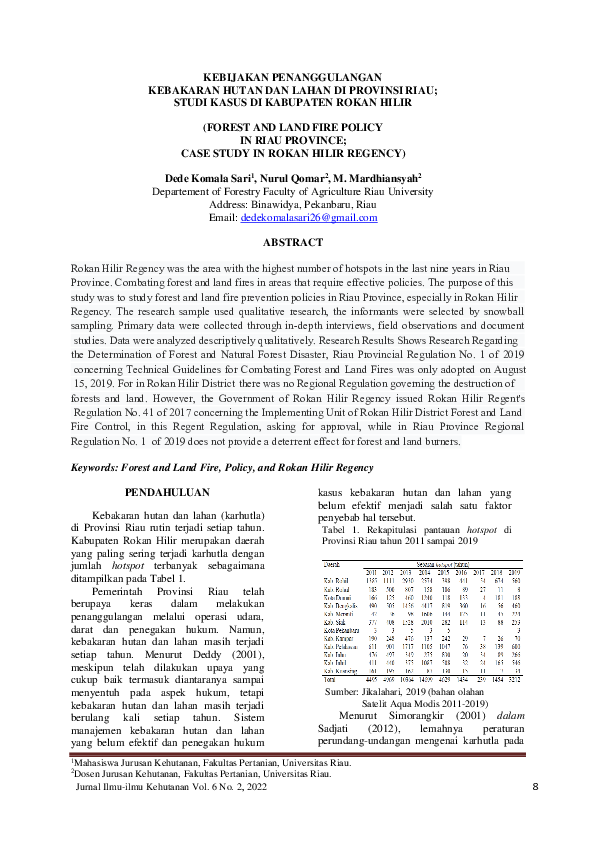 (PDF) Kebijakan Penanggulangan Kebakaran Hutan Dan Lahan Di Provinsi Riau; Studi Kasus Di ...