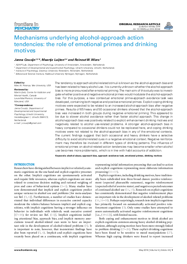 (PDF) Mechanisms Underlying Alcohol-Approach Action Tendencies: The ...