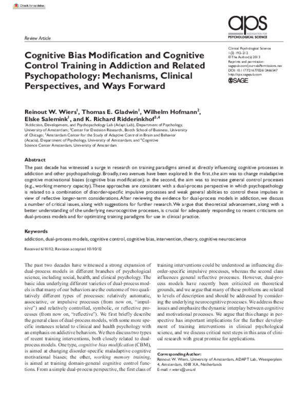 Cognitive Bias Modification and Cognitive Control Training in Addiction ...