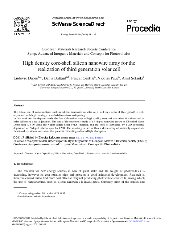 High Density Core Shell Silicon Nanowire Array For The Realization Of Third Generation Solar Cell
